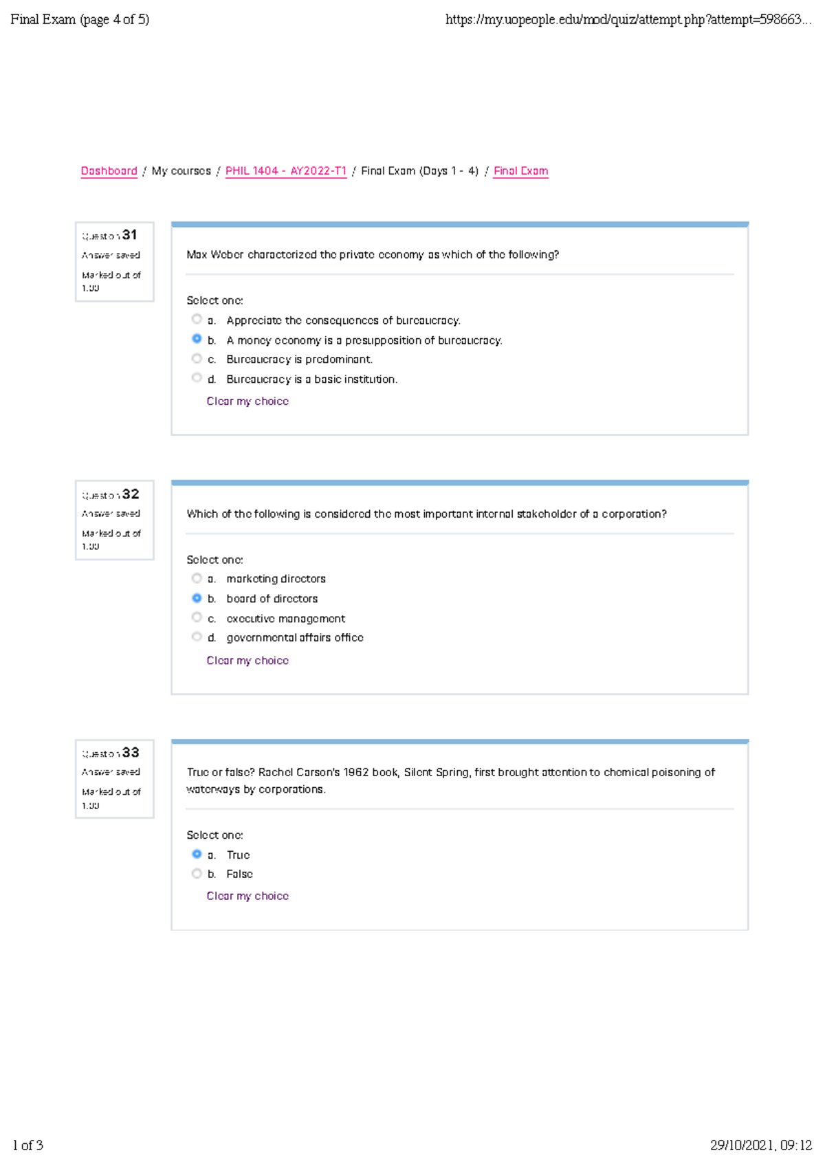 Final Exam (page 4 of 5) - PHIL ethics and social responsibility PHIL 1404 - Question 31 Answer ...