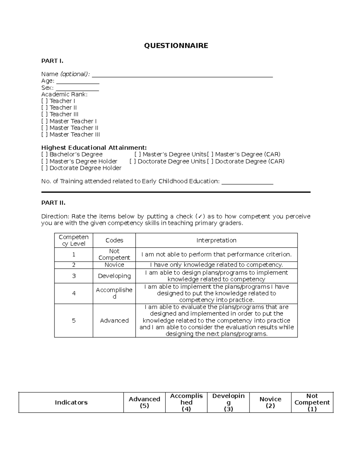 Questionnaire - QUESTIONNAIRE PART I. Name (optional): - Studocu