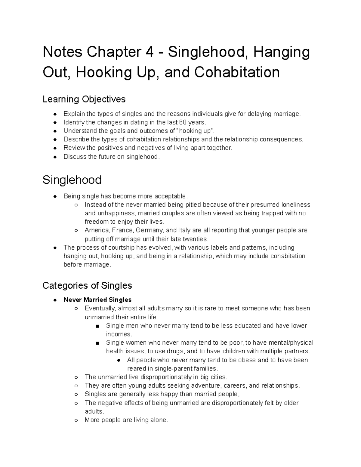 Notes Chapter 4 - Singelhood, Hanging Out, Hooking Up, and Cohabitation ...