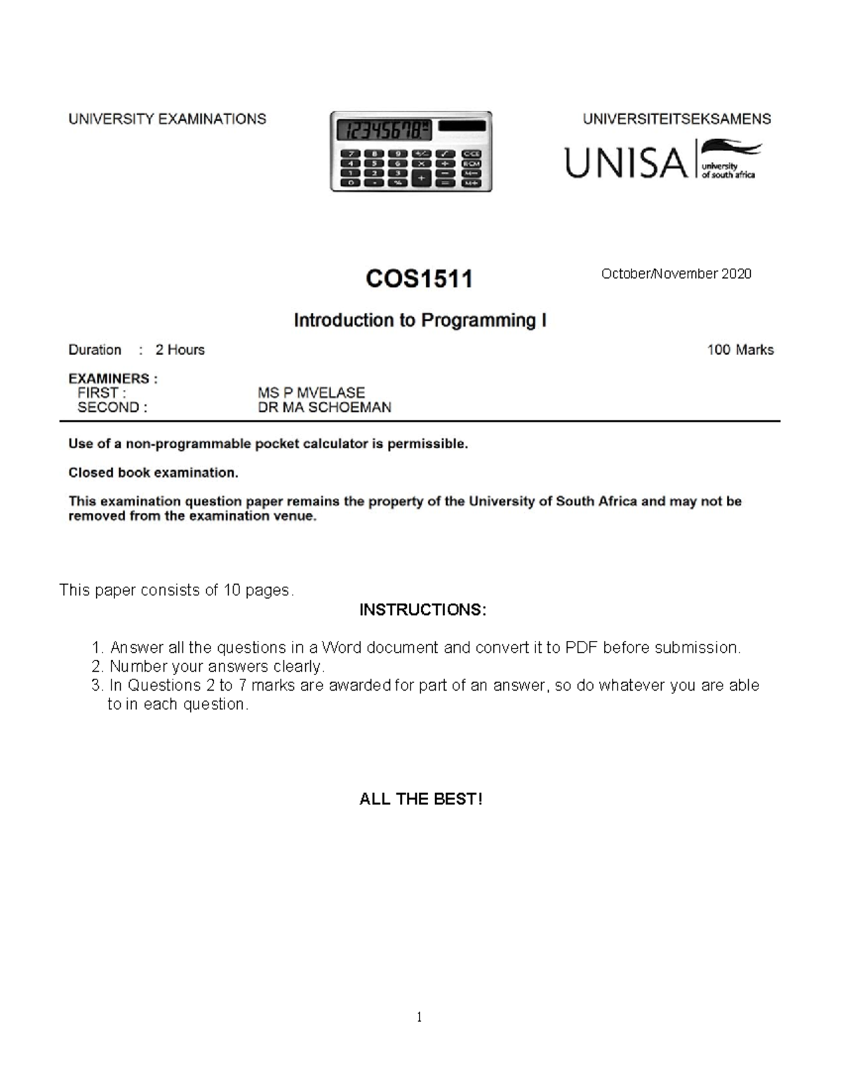 COS 1511 Semester 2 exam - 1 This paper consists of 10 pages. INSTRUCTIONS: Answer all the ...