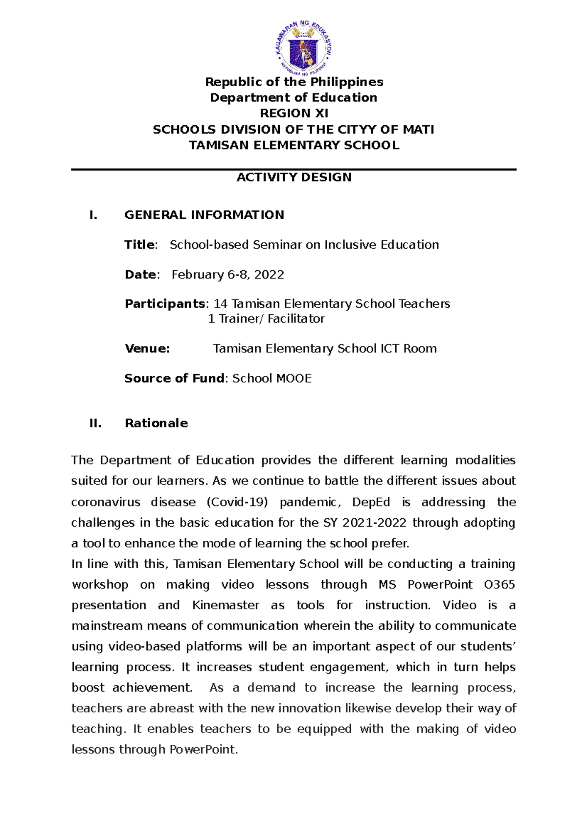 Activity Design video lesson - Department of Education REGION XI ...