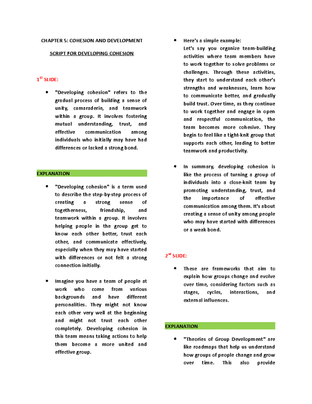 Scripts FOR Group Dynamic Report - CHAPTER 5: COHESION AND DEVELOPMENT SCRIPT FOR DEVELOPING ...