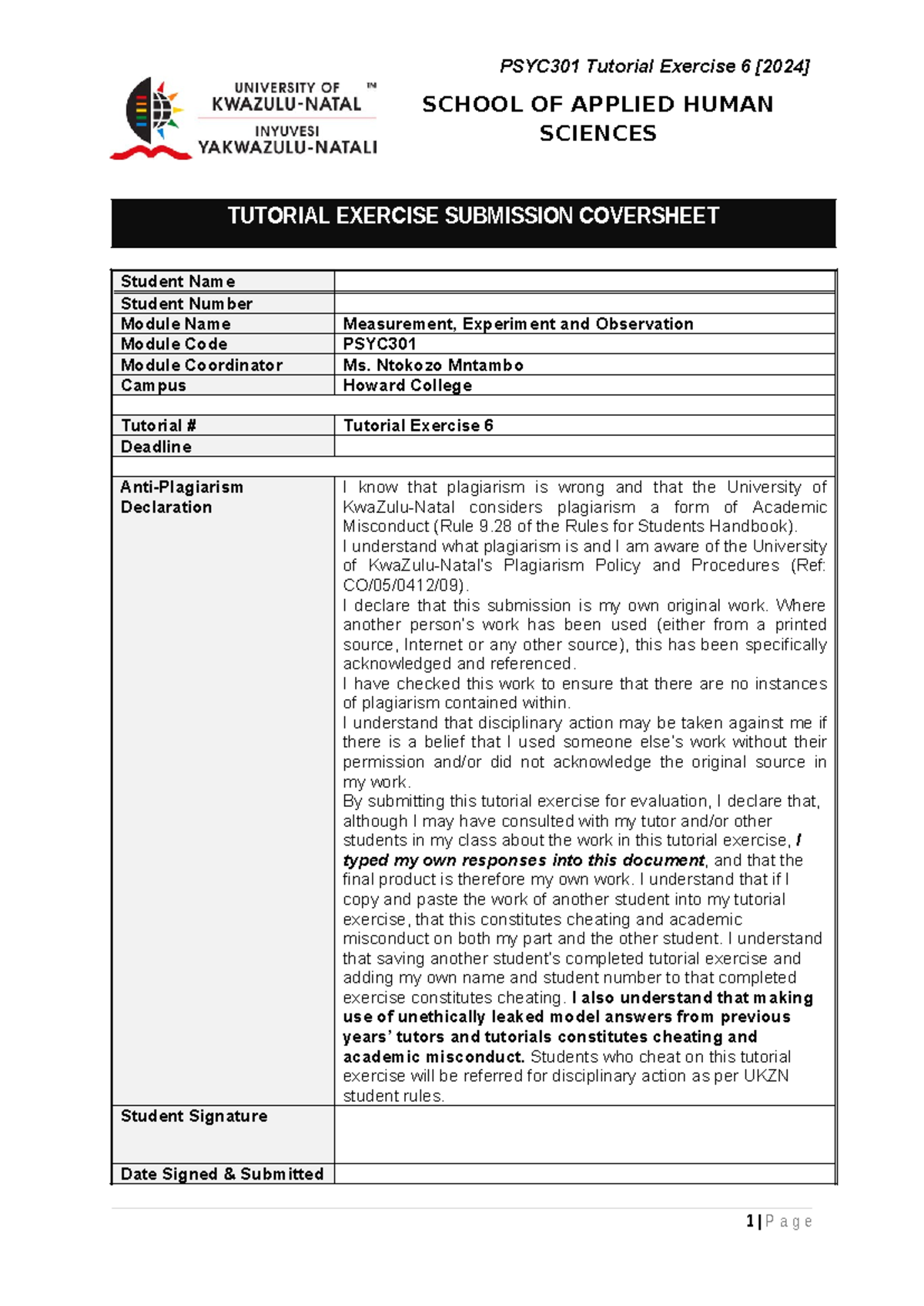 PSYC301 Tutorial Exercise 6 2024 - SCHOOL OF APPLIED HUMAN SCIENCES TUTORIAL EXERCISE SUBMISSION ...