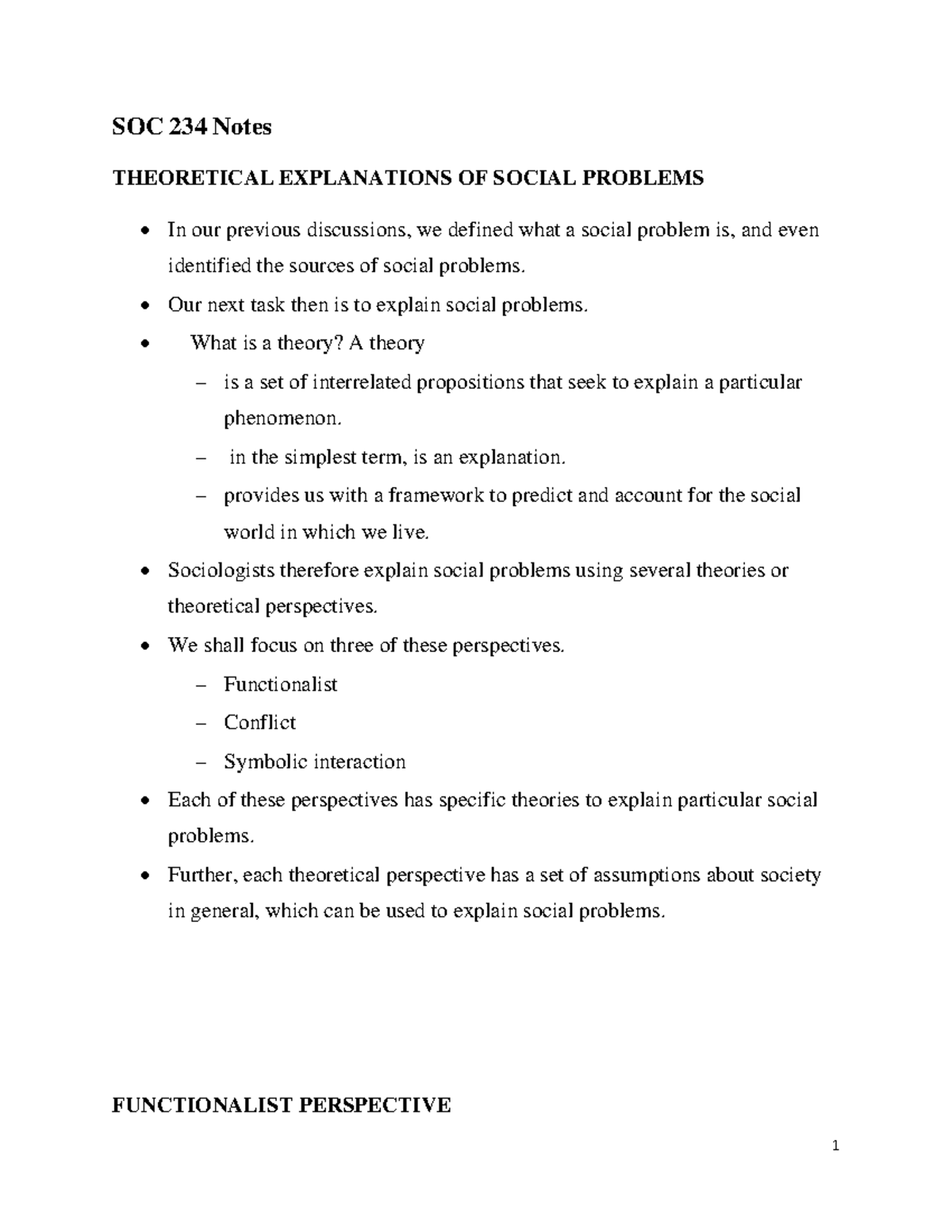 SOC 234 Notes (Theoretical explanations of social problems - Part 1 ...
