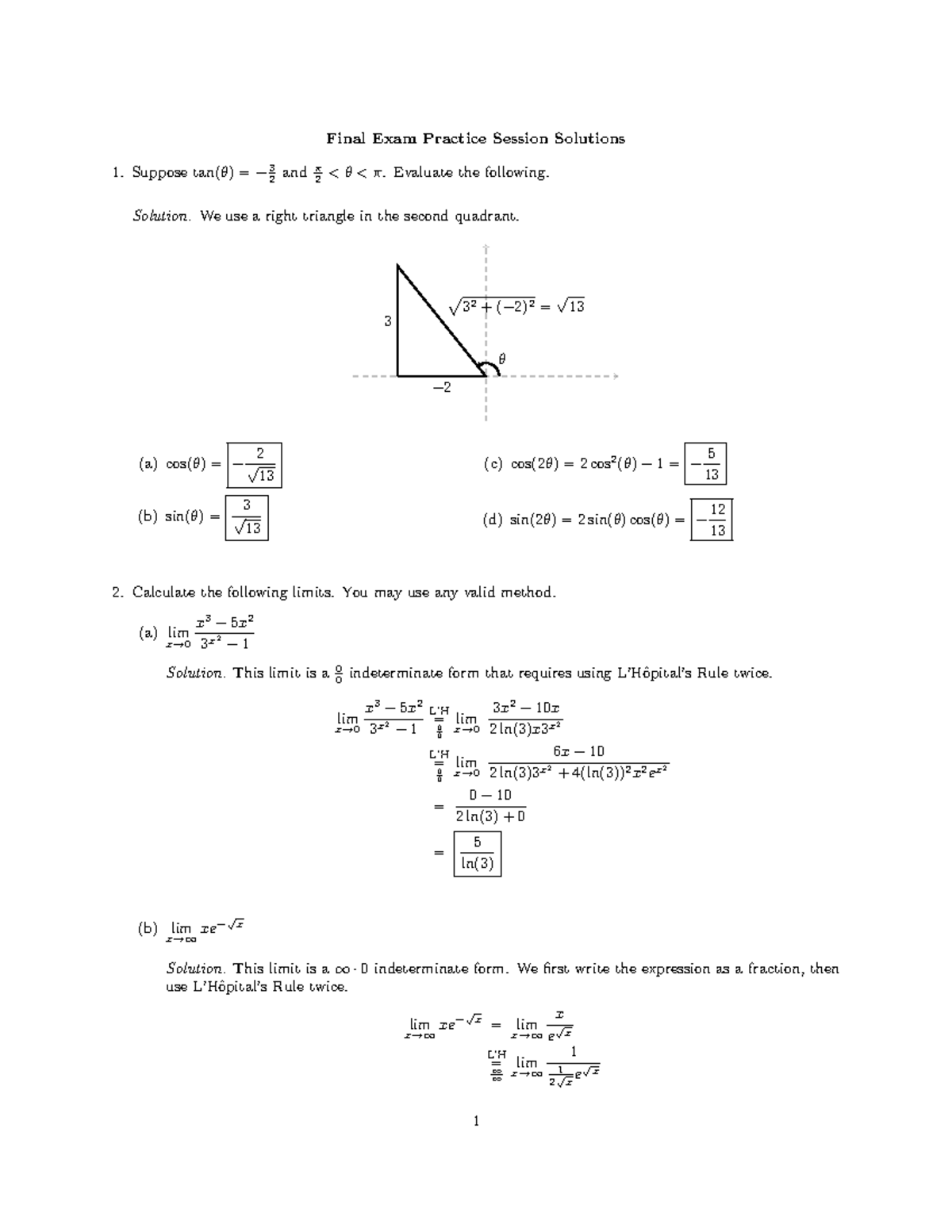 Final Practice Solutions - Final Exam Practice Session Solutions Suppose tan(θ) = − 32 and π 2