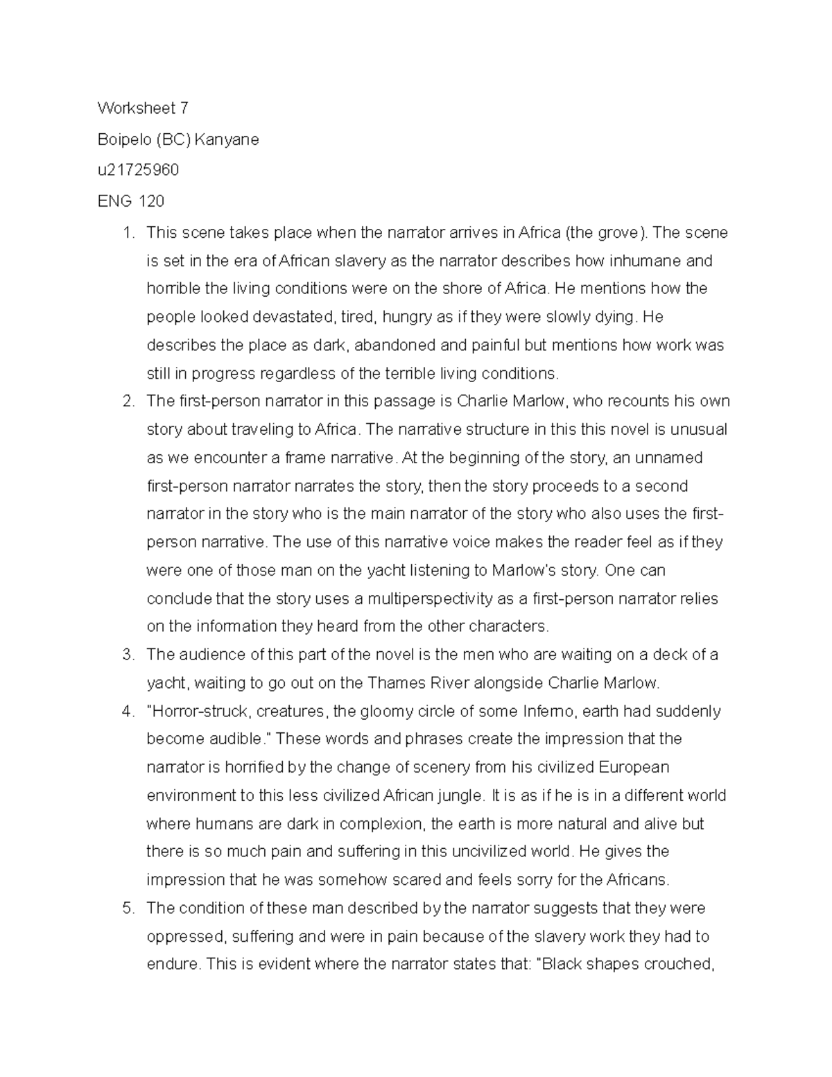 Worksheet 7 - Worksheet 7 Boipelo (BC) Kanyane u ENG 120 This scene ...
