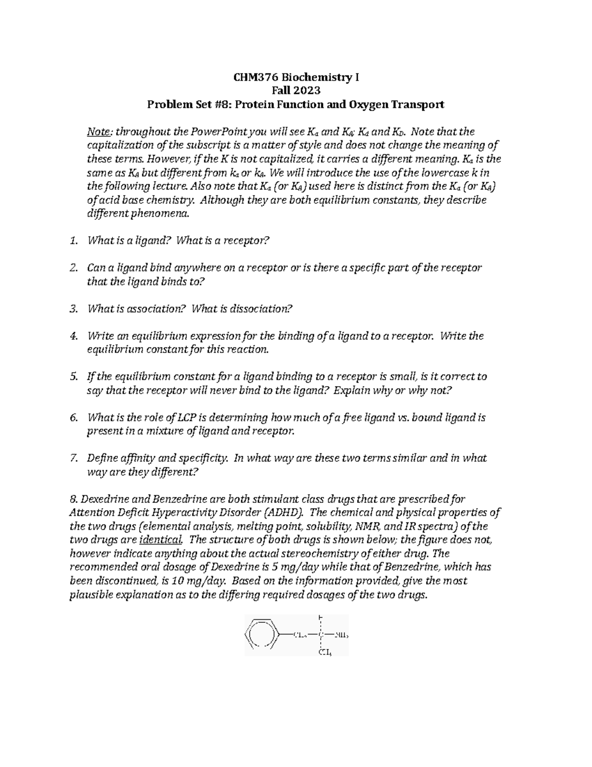 CHM376 Fa23 PS8 - practice sheet for exam practice - CHM376 Biochemistry I Fall 2023 Problem Set ...
