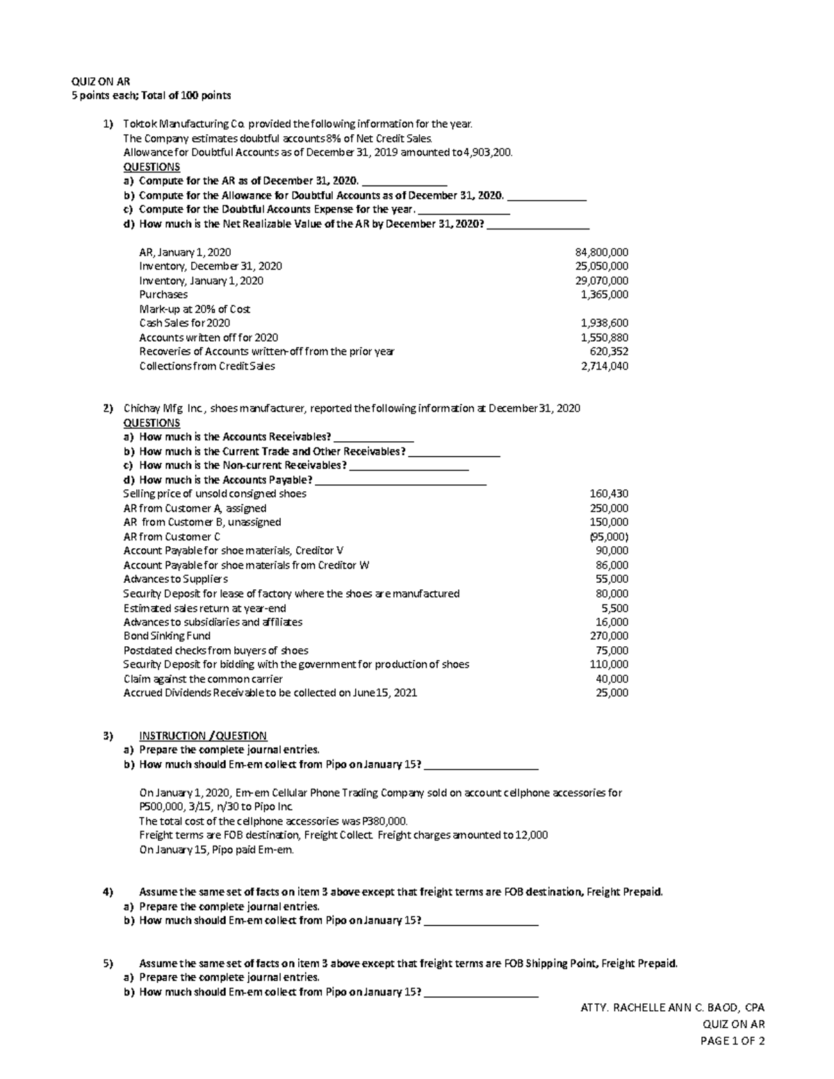 7 Receivables AR Questionnaire PDF QUIZ ON AR 5 Points Each Total 7-receivables-ar-questionnaire-pdf-quiz-on-ar-5-points-each-total