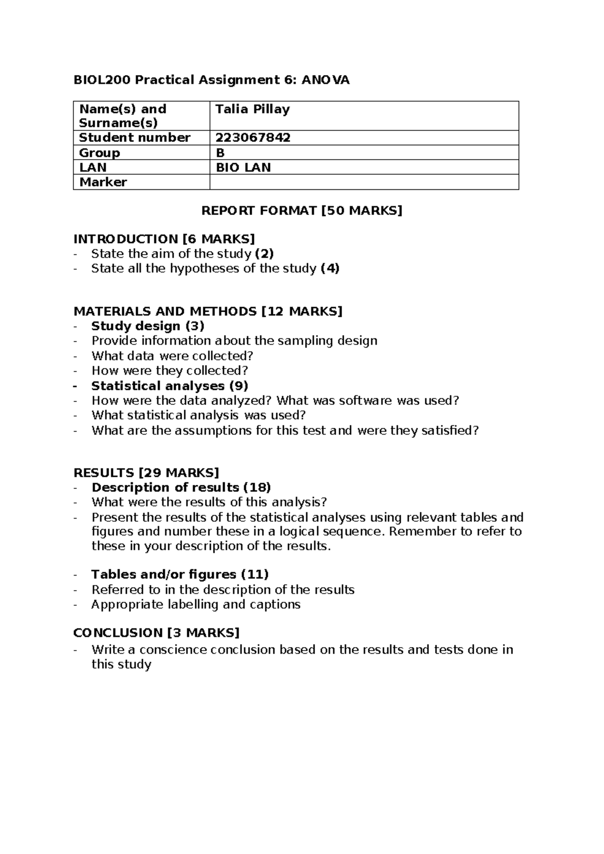 Anova PRAC 10 & 11 Final - prac - BIOL200 Practical Assignment 6: ANOVA Name(s) and Surname(s ...
