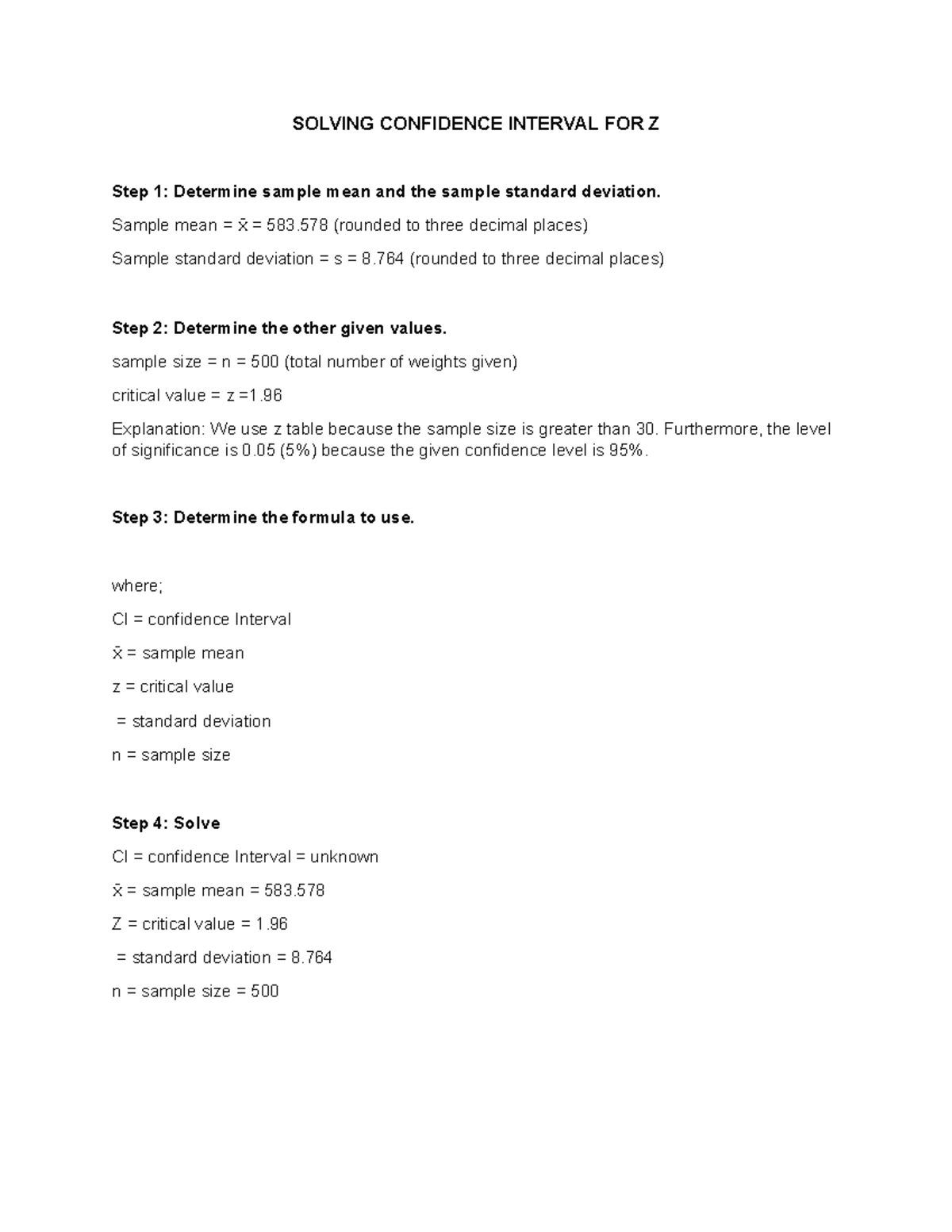 Confidence Interval - SOLVING CONFIDENCE INTERVAL FOR Z Step 1 ...