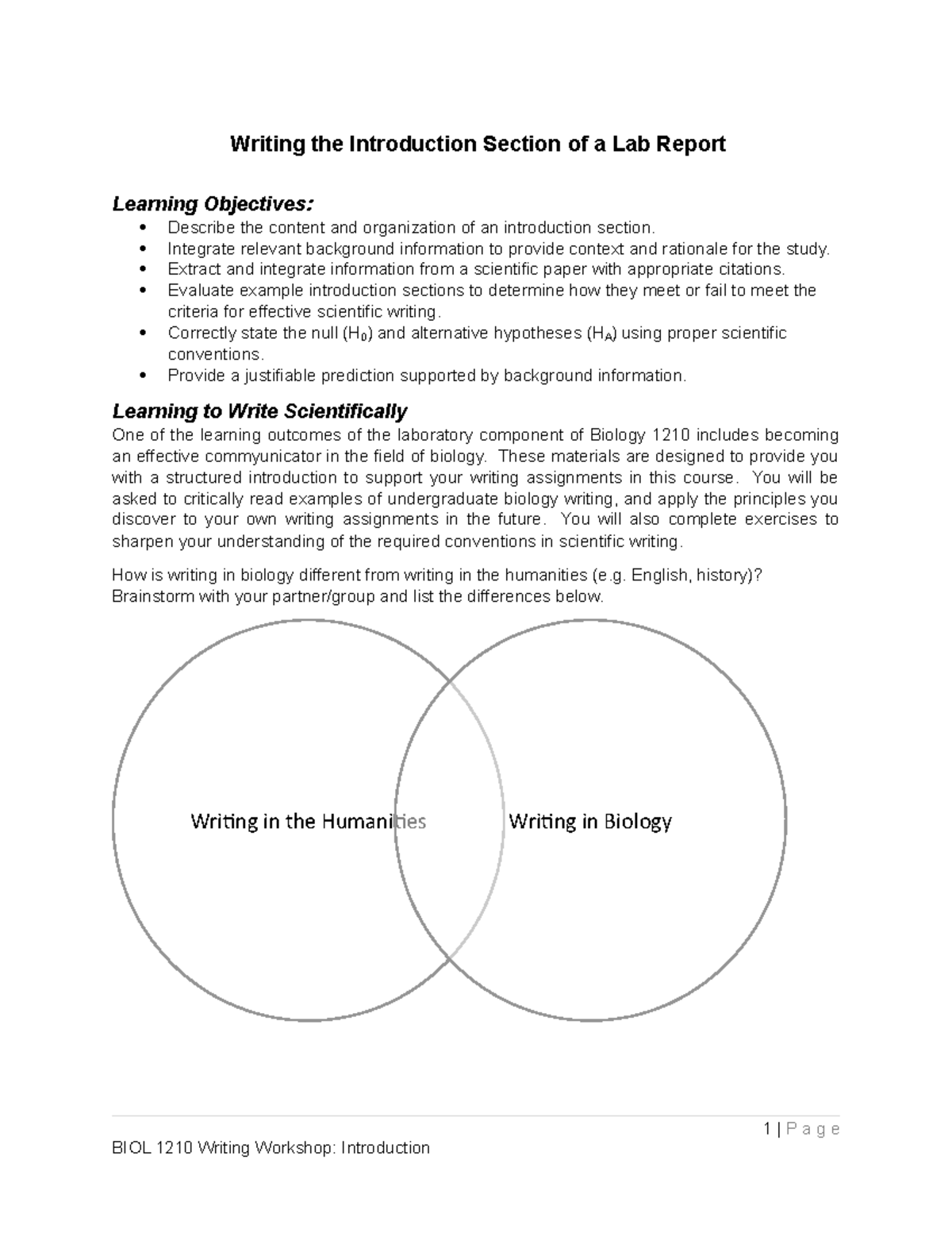 BIOL 1210 iii Introduction Workshop - Writing the Introduction Section ...