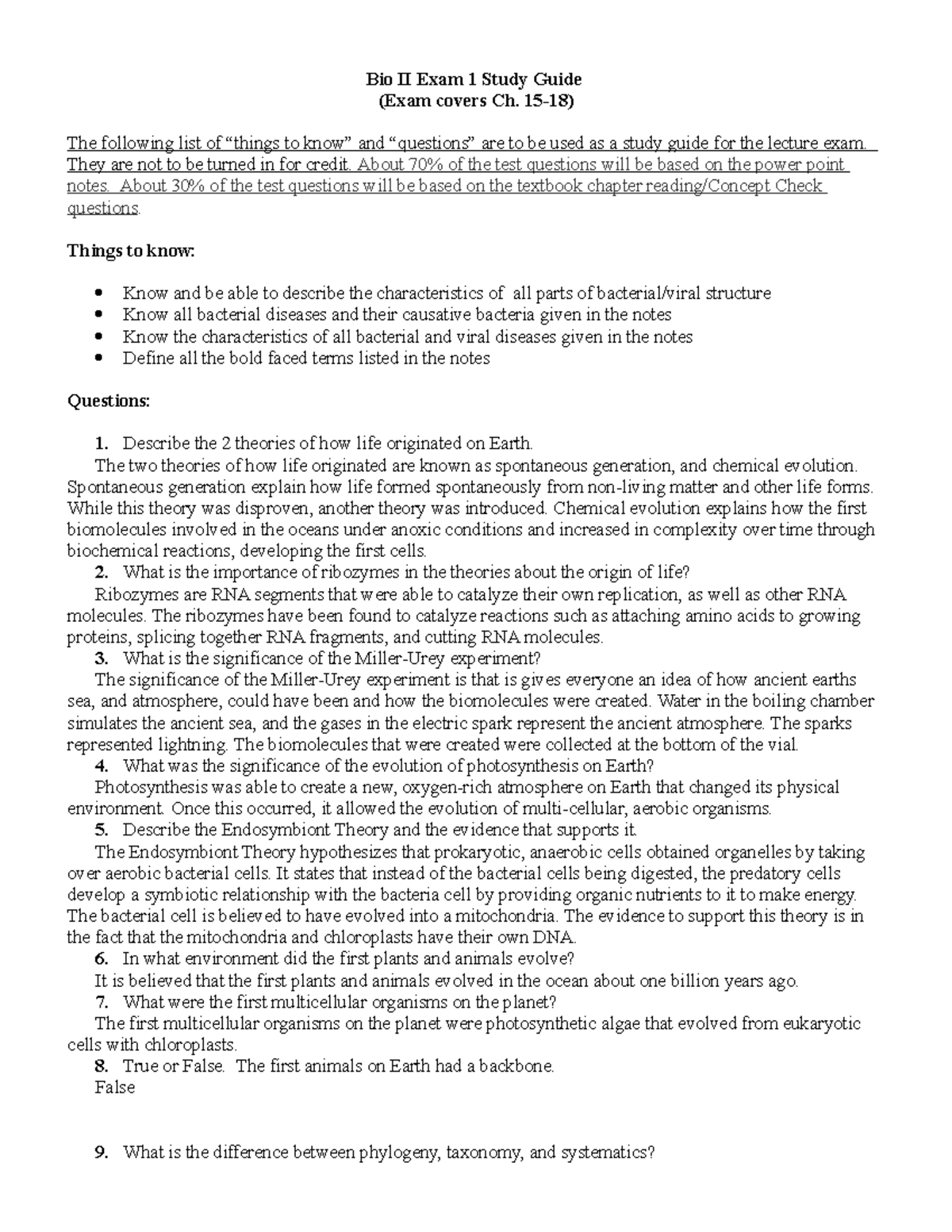 BSC2011 C Bio II Exam 1 Study Guide - Bio II Exam 1 Study Guide (Exam ...