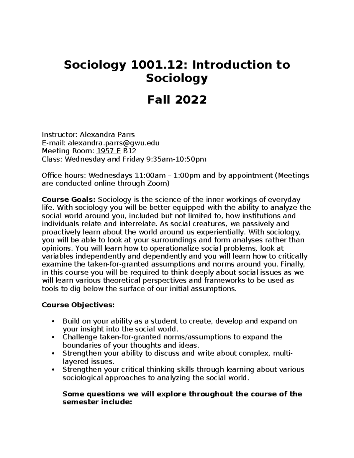 Sociology 1001 Parrs - syllabus - Sociology 1001: Introduction to ...