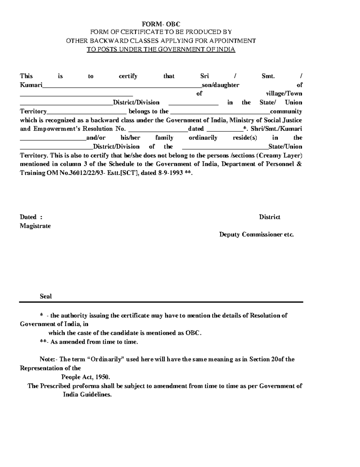 Detailed Notification CRP PO XIII - FORM- OBC FORM OF CERTIFICATE TO BE ...