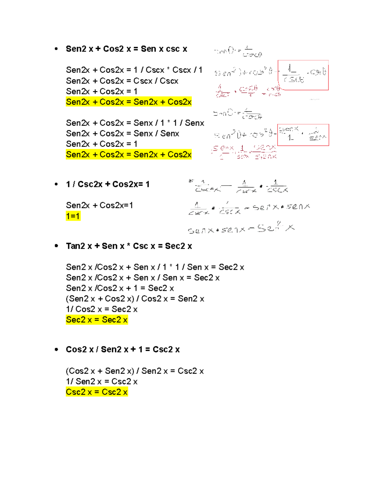 Laboratorio - matematicas - Sen2 x + Cos2 x = Sen x csc x Sen2x + Cos2x ...