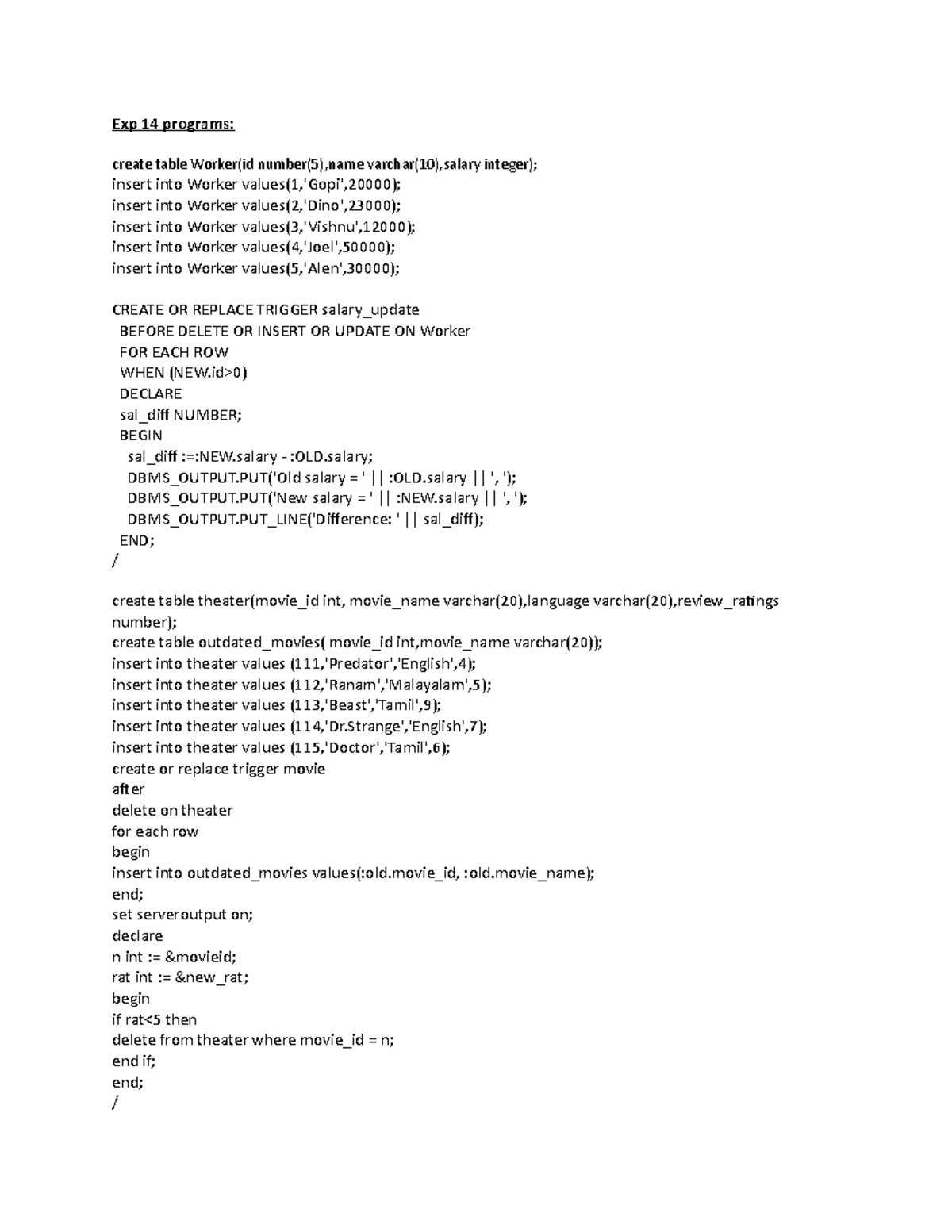 DBMS programs for 4-5 experiments - Database management - MITS - Studocu