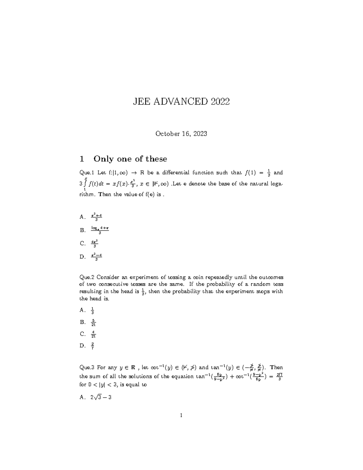 Jee Jee Main Paper By Latex JEE ADVANCED 2022 October 16 2023 1 Jee Jee Main Paper By Latex JEE ADVANCED 2022 October 16 2023 1