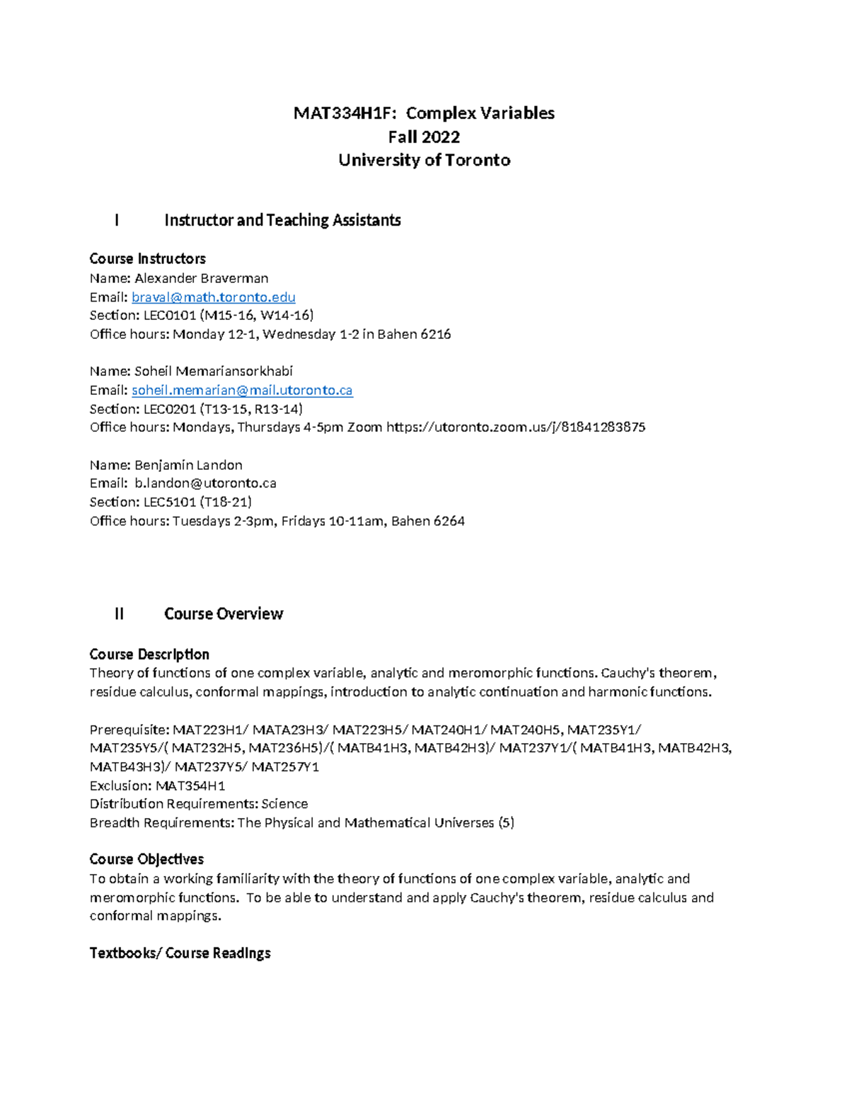 Mat334-syllabus-posted - MAT334H1F: Complex Variables Fall 2022 ...