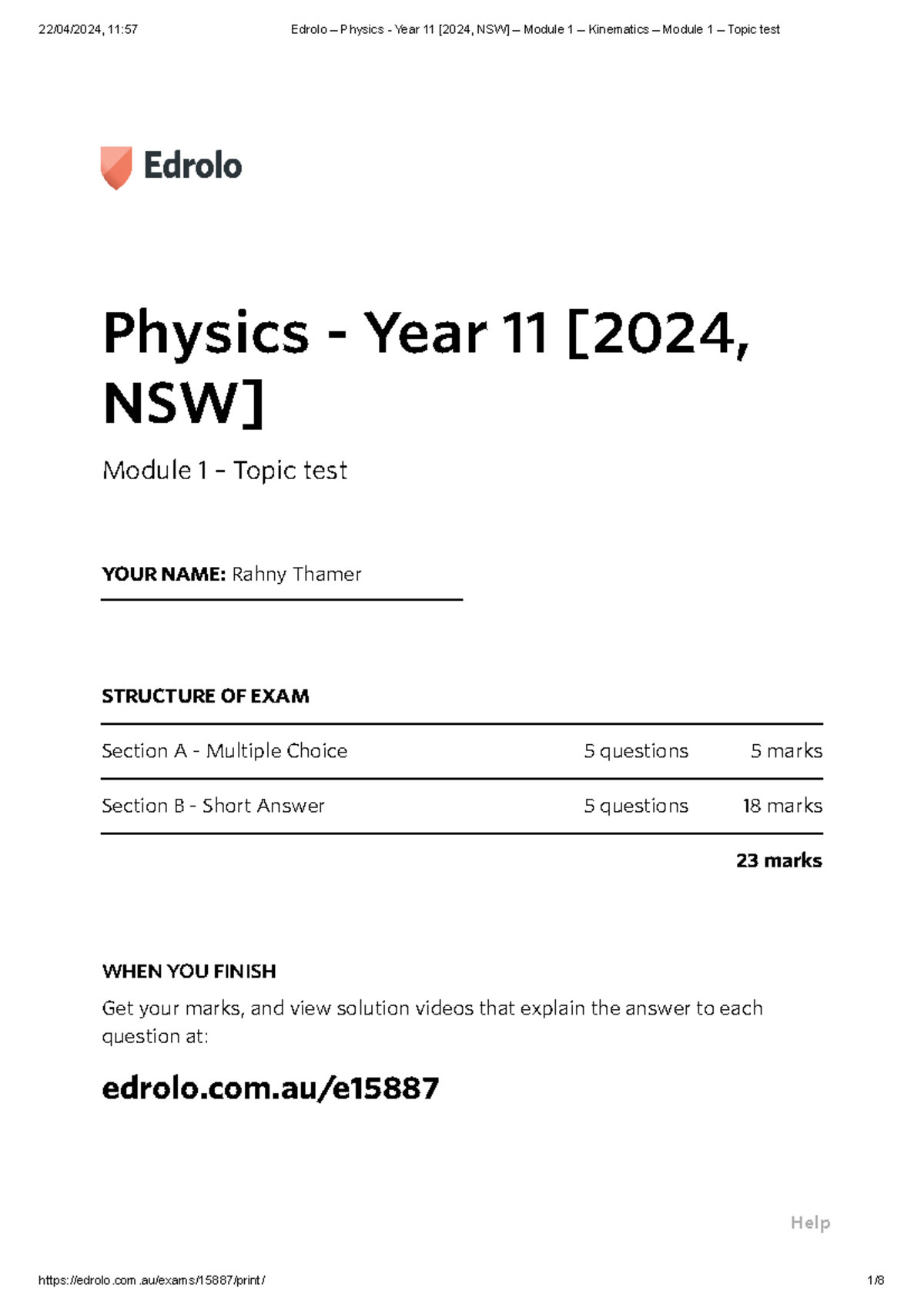 Edrolo – Physics - Year 11 [2024, NSW] – Module 1 – Kinematics – Module ...
