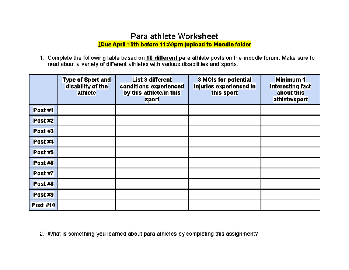 Para athlete Worksheet - EXCI 251 - Concordia - Studocu