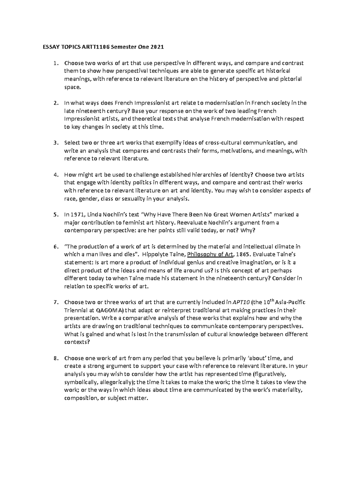 Essay Topics ARTT1106 2022 - ESSAY TOPICS ARTT1106 Semester One 202 1 ...