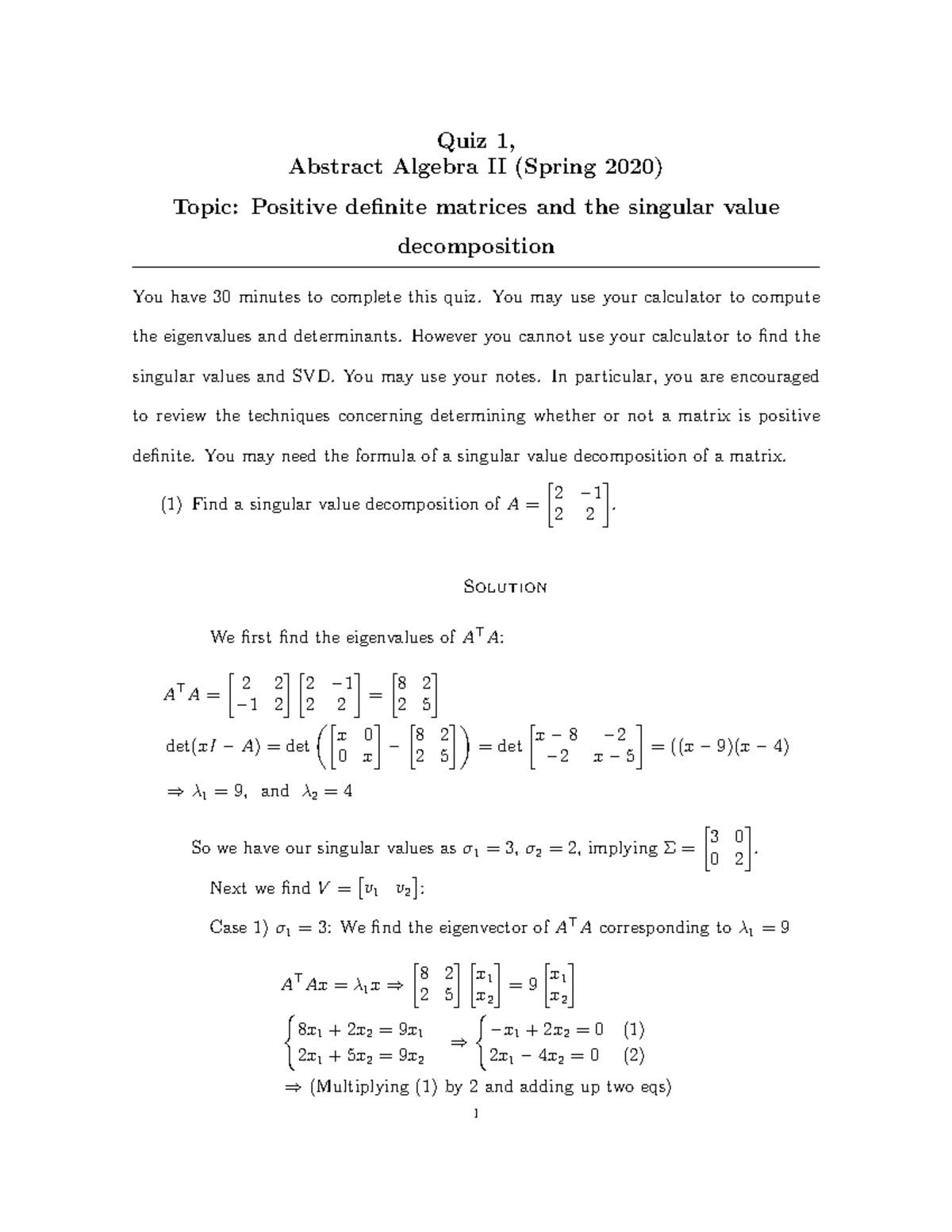 Quiz12 - Positive definite matrices and the singular value decomposition - Quiz 1, Abstract ...