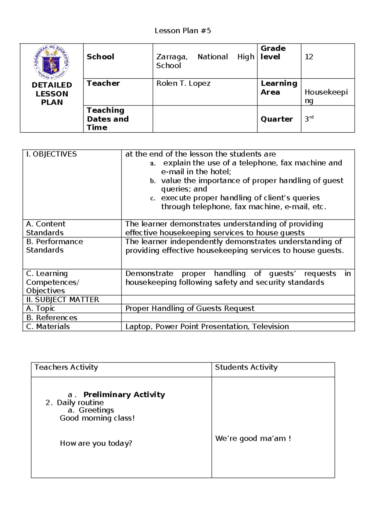 Lesson plan #5 handling guest request - Lesson Plan # DETAILED LESSON ...