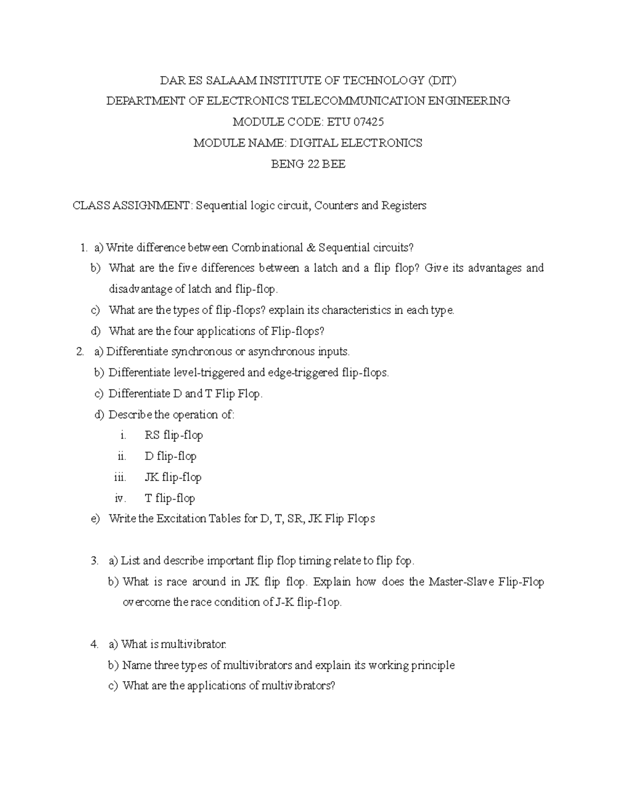 Squential class assignment - DAR ES SALAAM INSTITUTE OF TECHNOLOGY (DIT ...