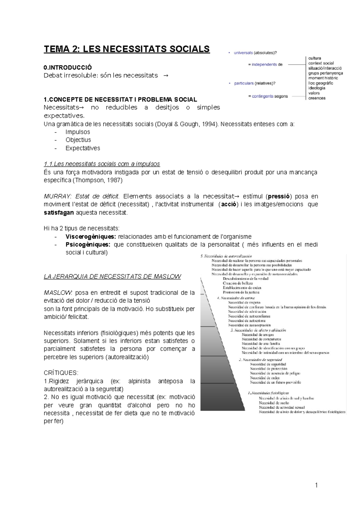 Tema 2 - Resum Psicologia Social Aplicada - TEMA 2: LES NECESSITATS ...