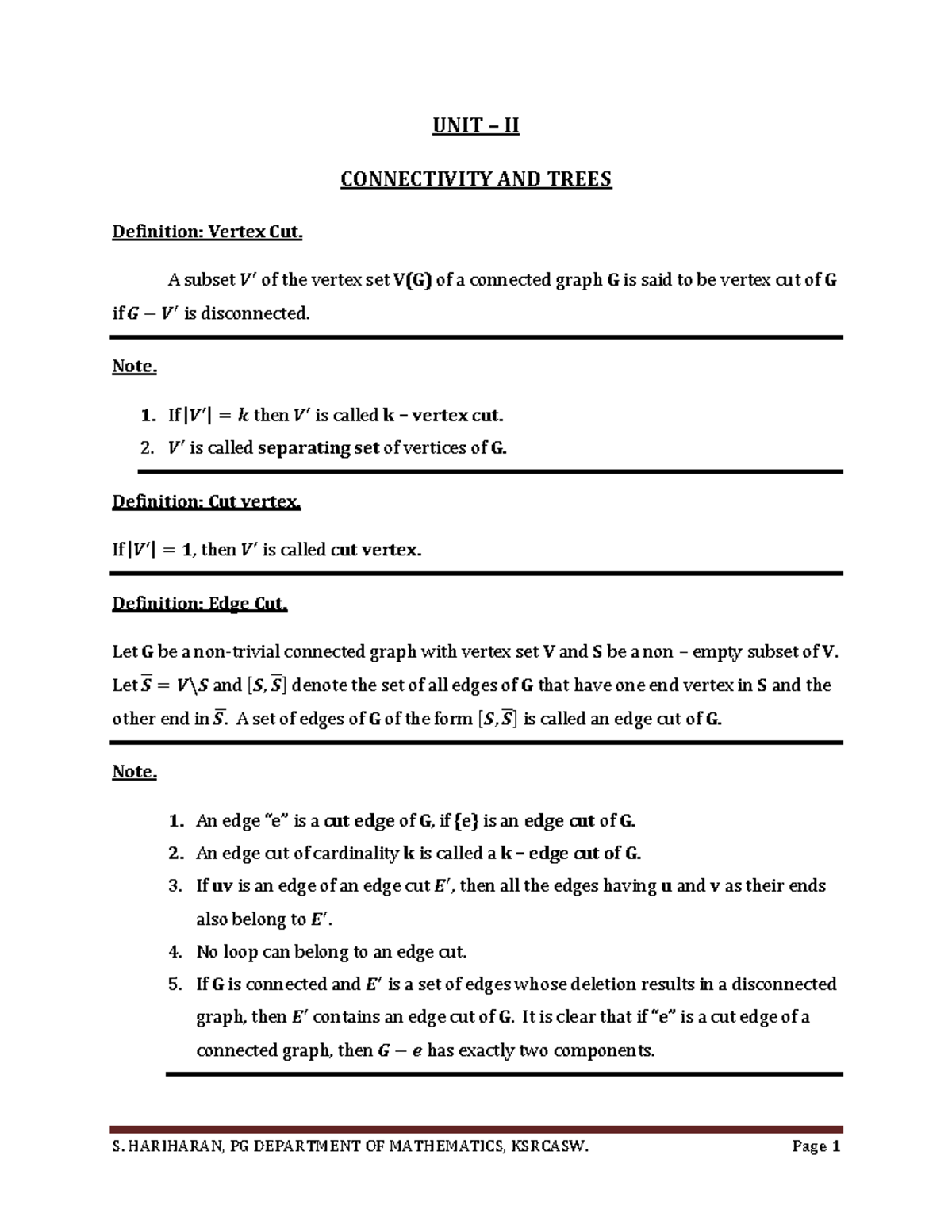 Unit 2 - unit 2 graph theory - UNIT – II CONNECTIVITY AND TREES ...