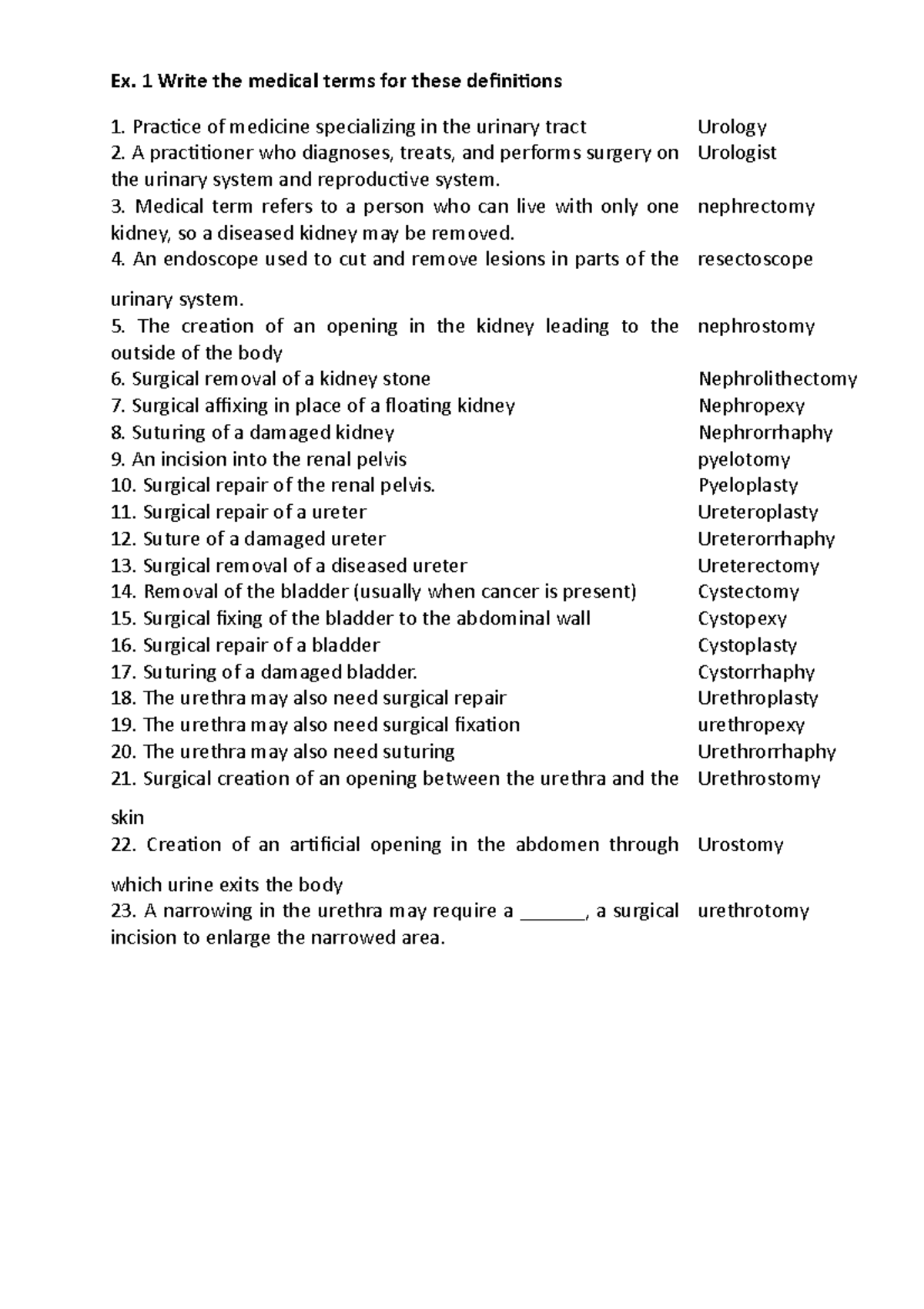 Unit6 Word part and term exercise KEYS - Ex. 1 Write the medical terms ...