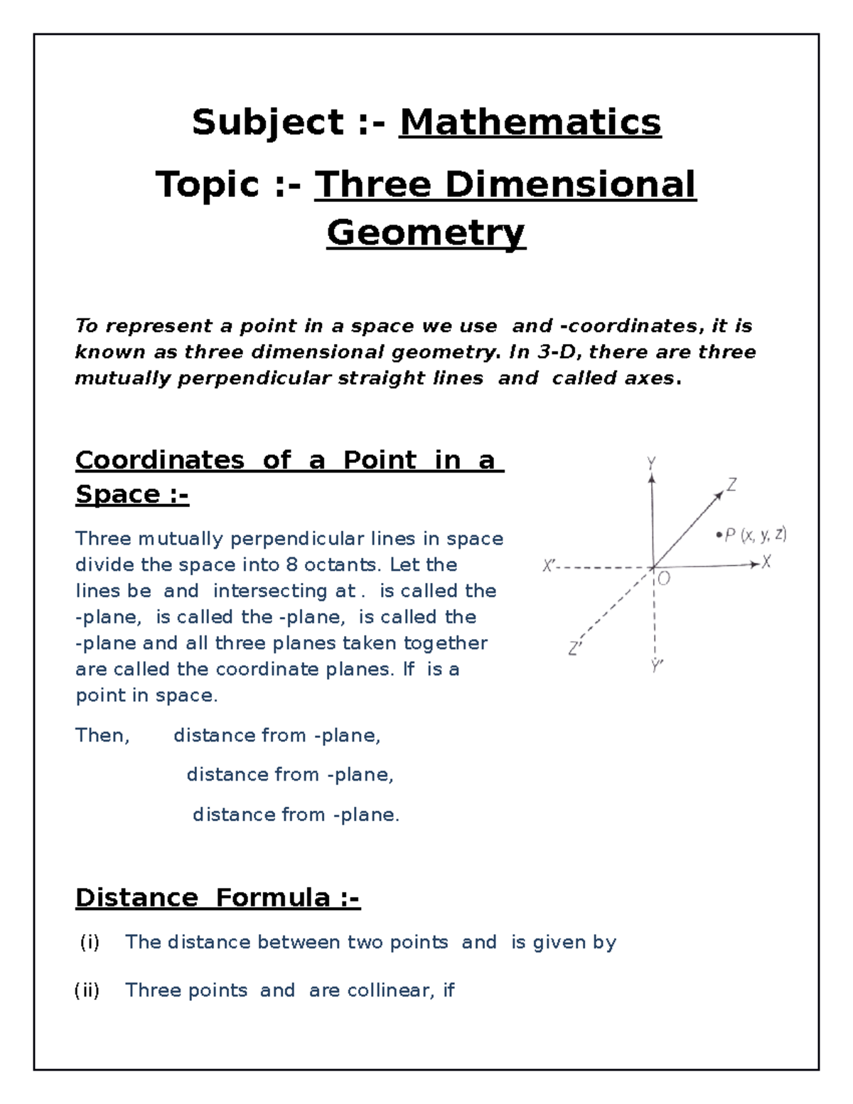 Three dimensional geometry class notes - Subject :- Mathematics Topic ...