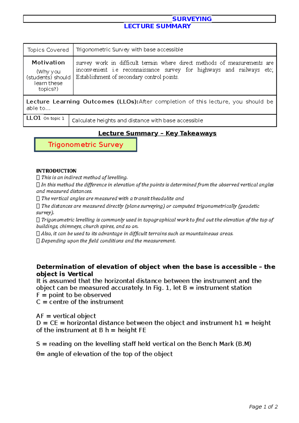 CDT24 WEEK9 - Trgnometric - SURVEYING LECTURE SUMMARY Topics Covered ...