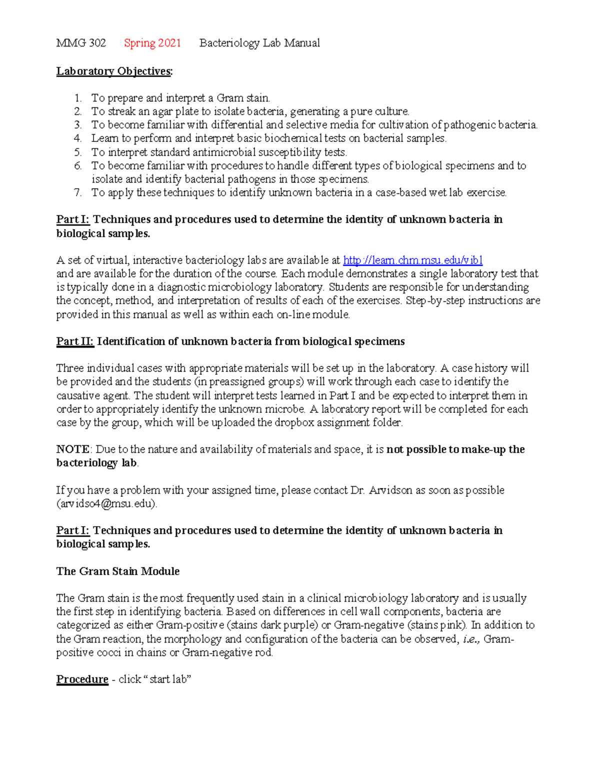 MMG302 Case Studies Lab Manual SS21 - Laboratory Objectives: 1. To prepare and interpret a Gram ...