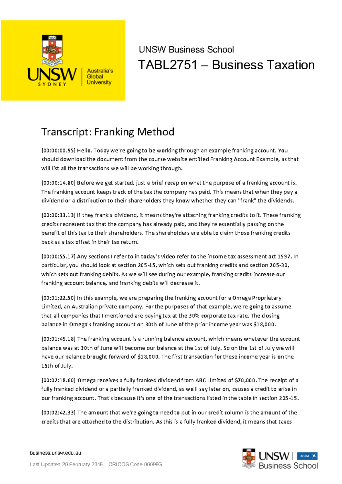 Franking Method transcript - TABL2751 – Business Taxation UNSW Business ...