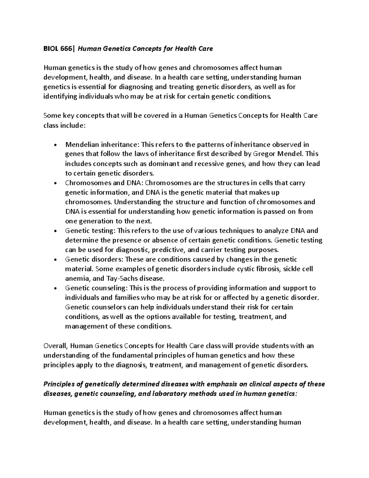 BIOL 666 Human Genetics Concepts for Health Care - In a health care ...