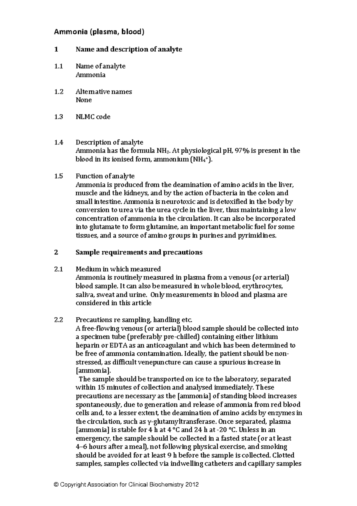 Ammonia - waste - Ammonia (plasma, blood) 1 Name and description of ...