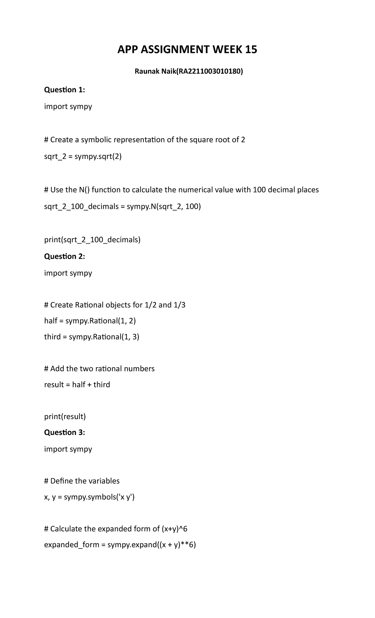 APP WEEK 15 - APP ASSIGNMENT WEEK 15 Raunak Naik(RA2211003010180) Ques ...