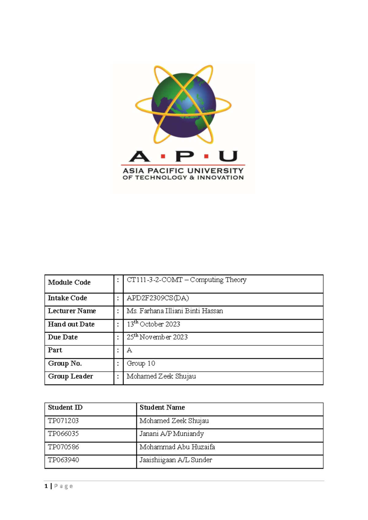 COMT Part A - Module Code : CT111- 3 - 2 - COMT – Computing Theory ...