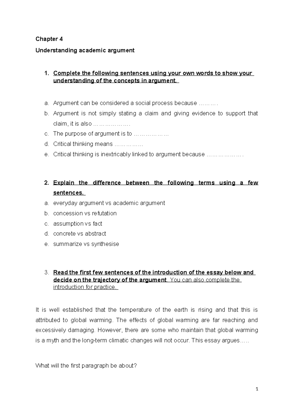 Chapter 4 Understanding academic argument additional exercises - Chapter 4 Understanding ...