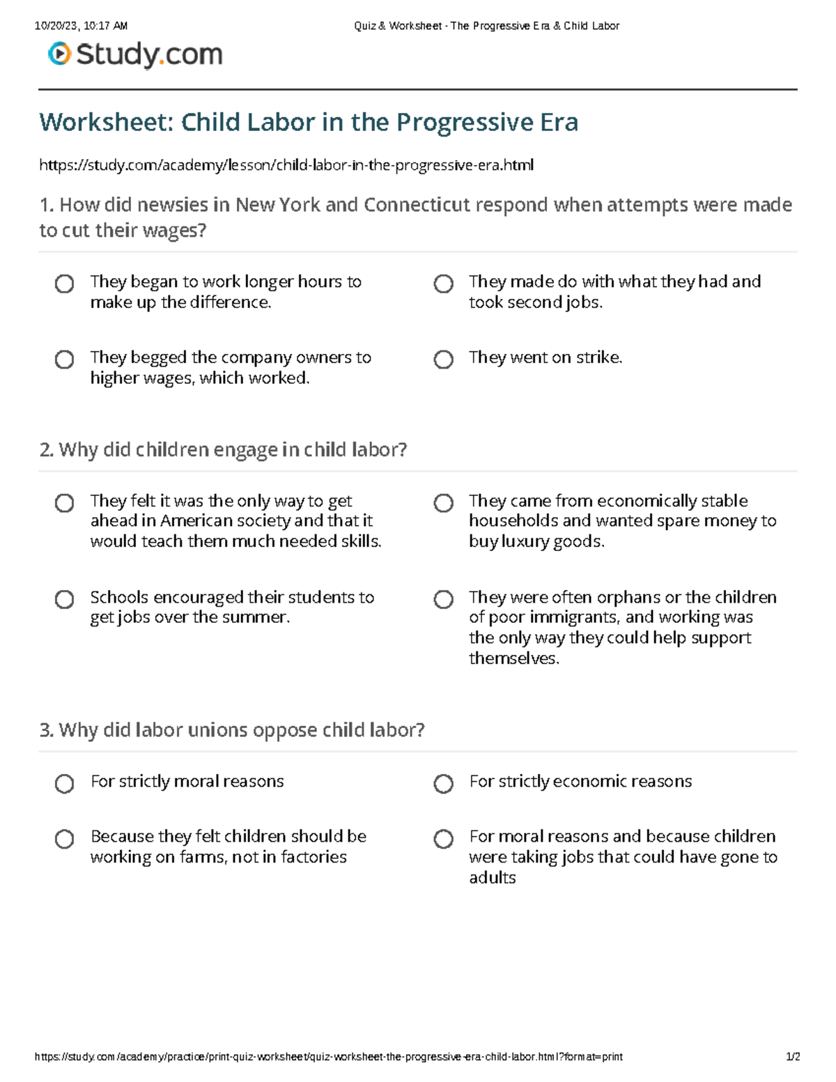 Quiz & Worksheet - The Progressive Era & Child Labor - 10/20/23, 10:17 ...