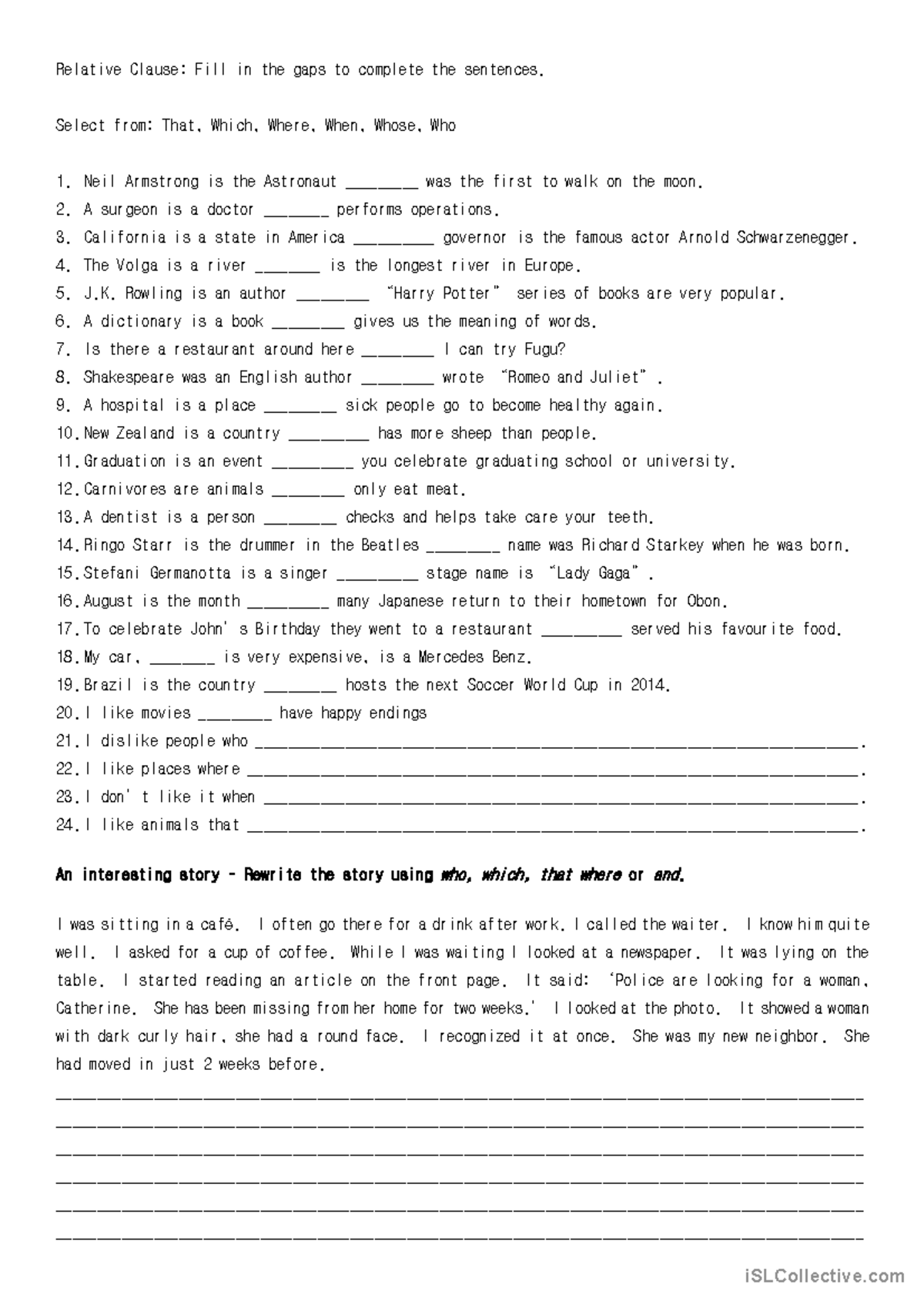 Relative Clause Worksheet 33 copias - Relative Clause: Fill in the gaps ...