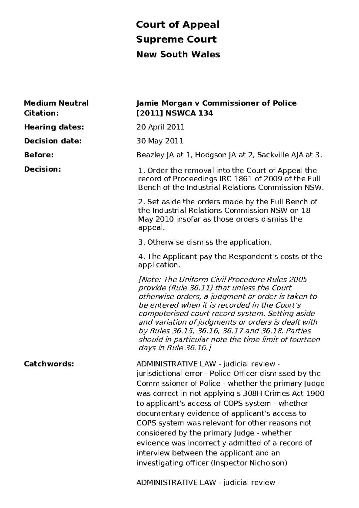 Jamie Morgan v Commissioner of Police - Medium Neutral Citation ...