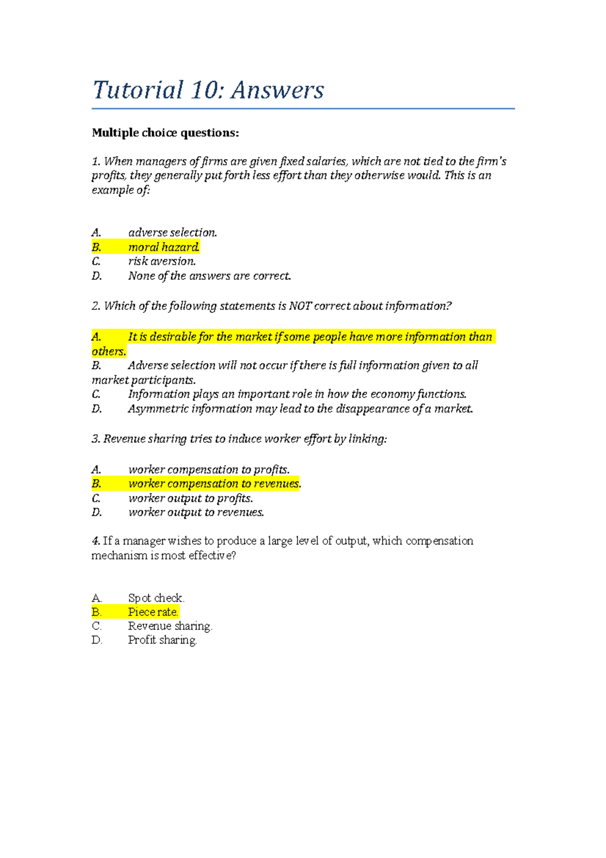 Tutorial 10 Answers - Tutorial 10: Answers Multiple choice questions ...