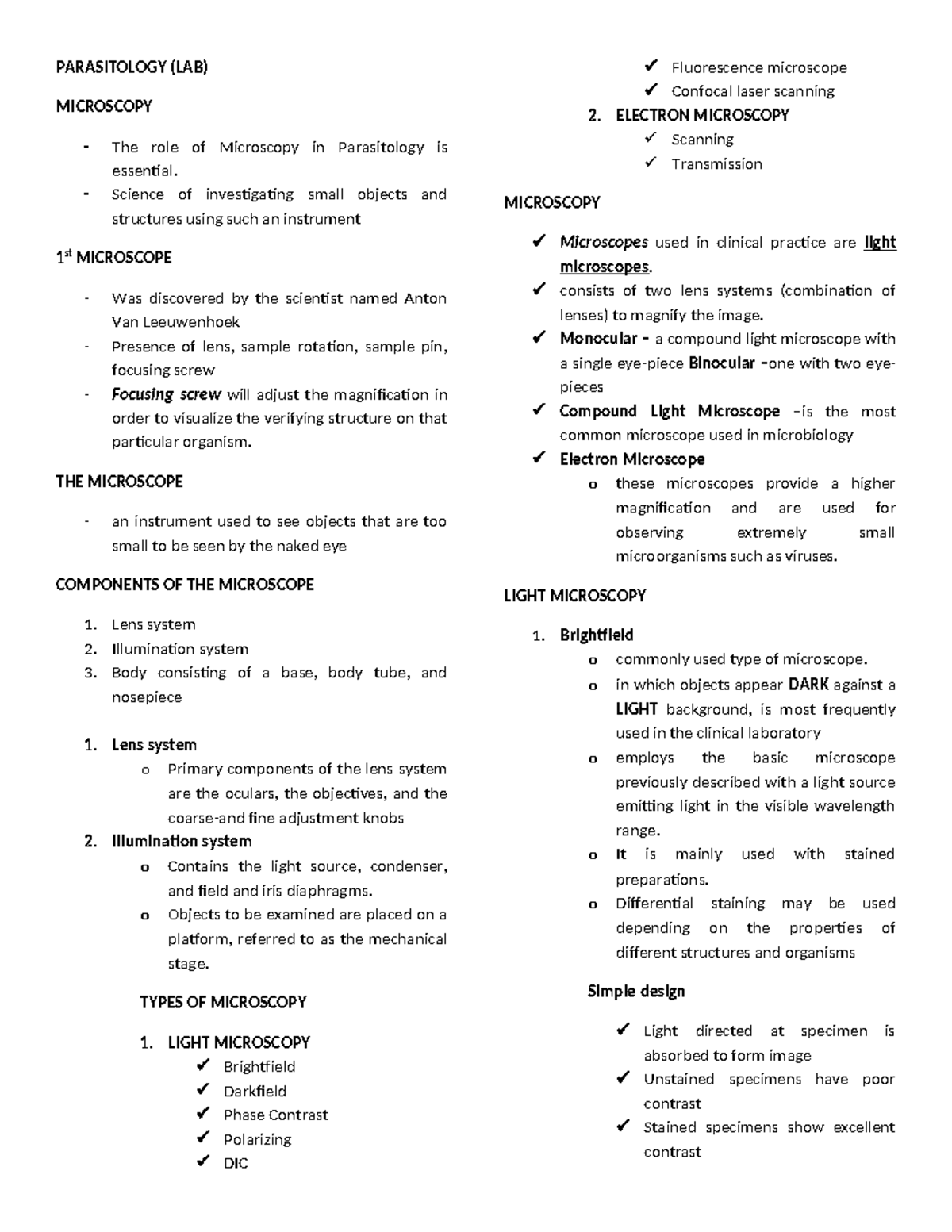 Microscopy Lab - PARASITOLOGY - PARASITOLOGY (LAB) MICROSCOPY The role ...