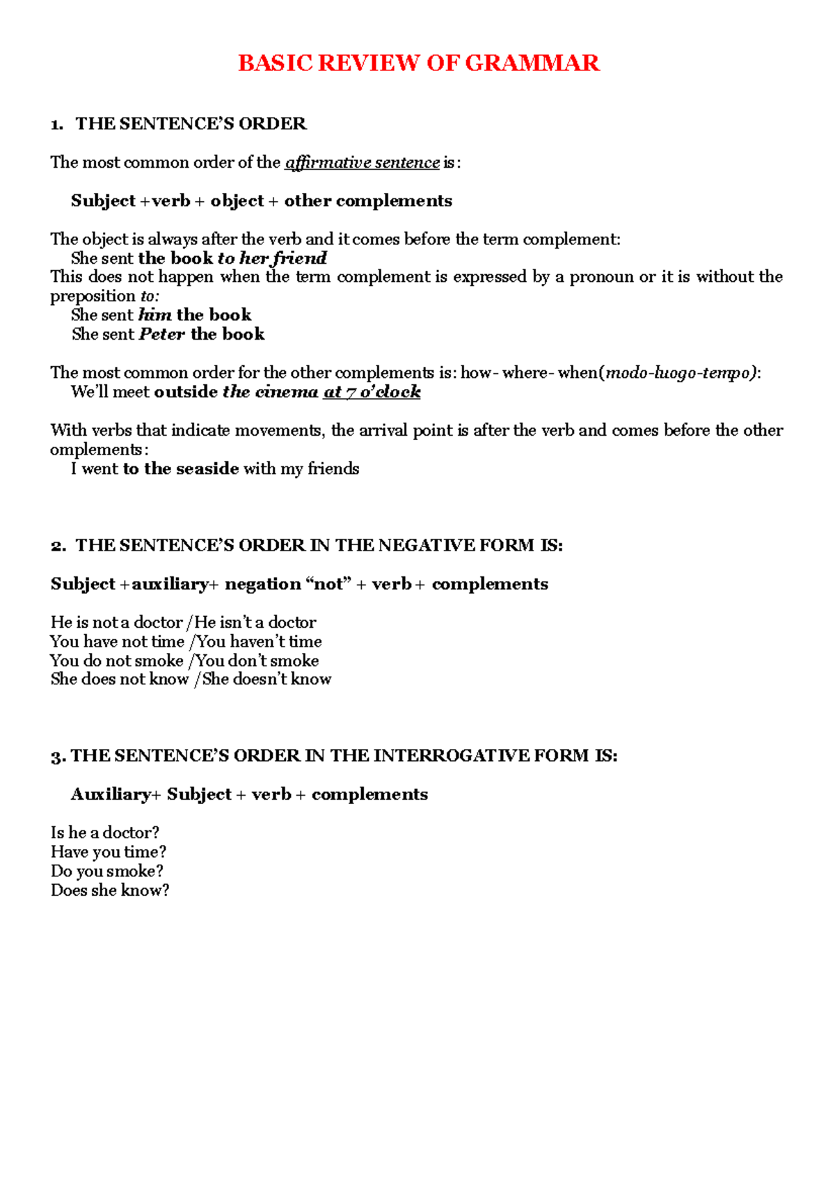 Basic Review OF Grammar - BASIC REVIEW OF GRAMMAR 1. THE SENTENCE’S ...