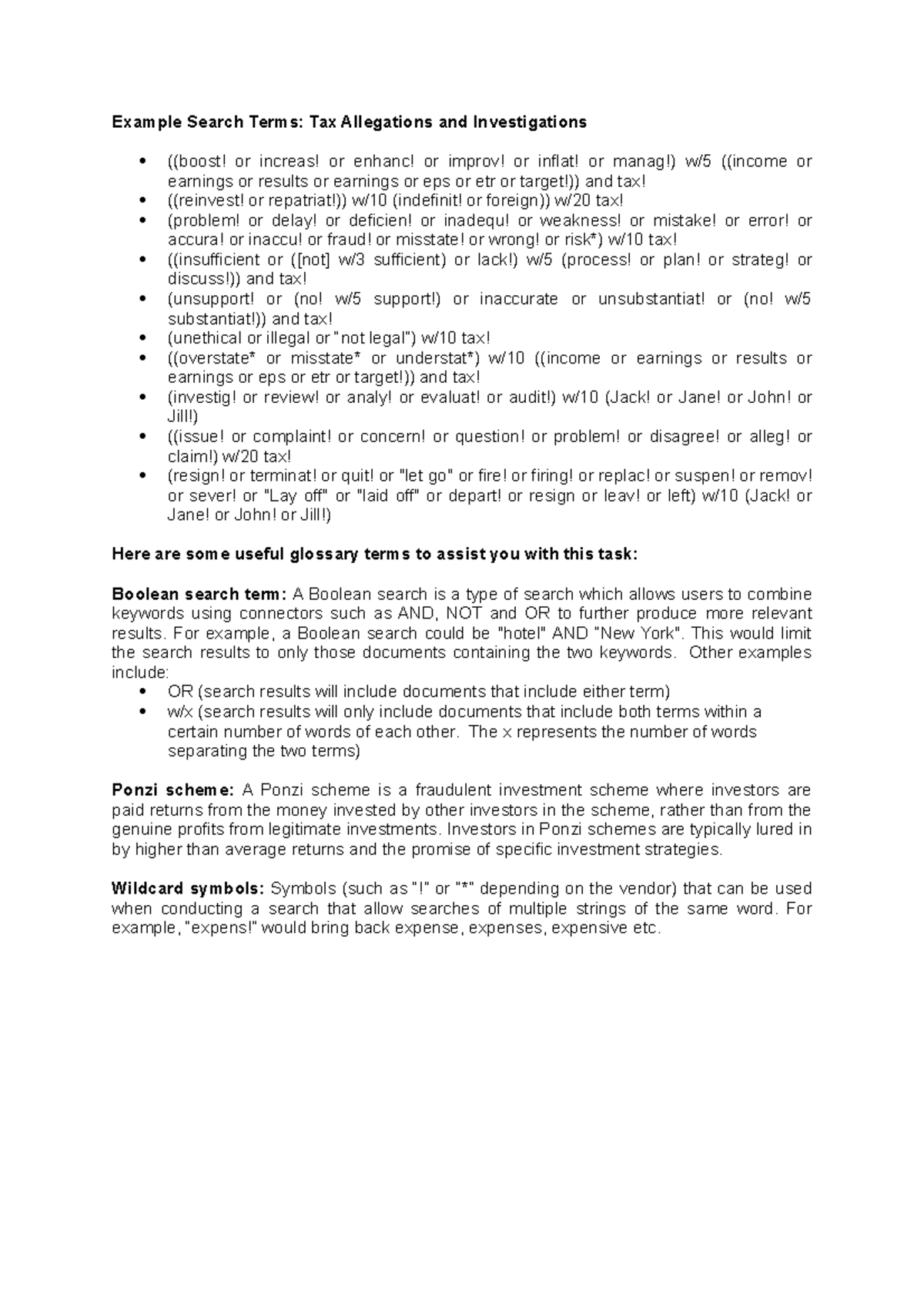 Task 1 - sample list of search terms - Example Search Terms: Tax ...