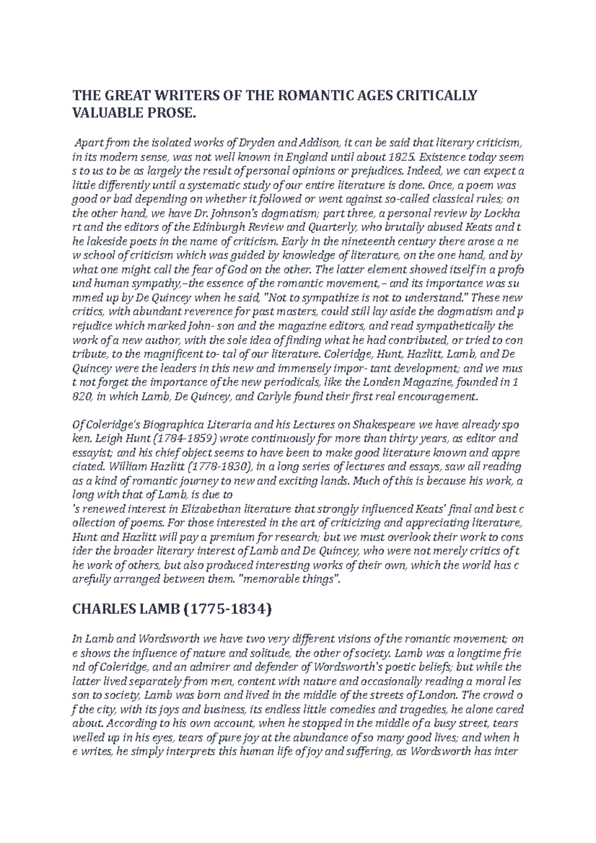 English Literature 49 - THE GREAT WRITERS OF THE ROMANTIC AGES ...