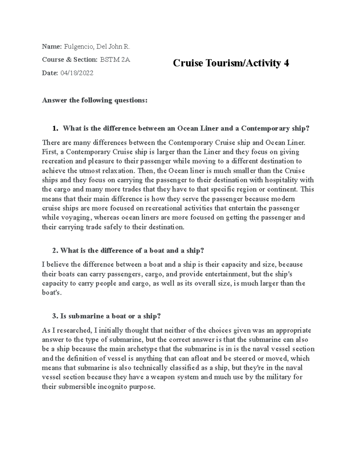 BSTM 2A- Crusie Tourism- BY Deljohn Activity 4 - Name: Fulgencio, Del ...