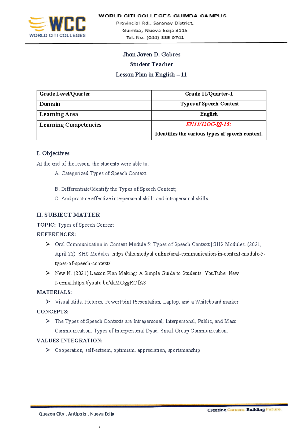 Gabres JHON Joven Lesson PLAN Grade 11 - Jhon Joven D. Gabres Student ...